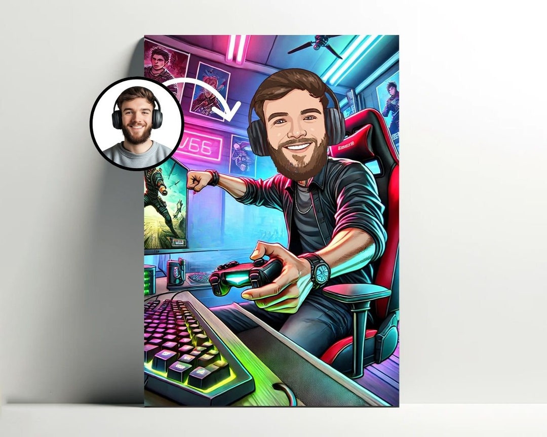 Personalized Gamer Portrait | Customizable Cartoon Gamer Poster, Photo ...