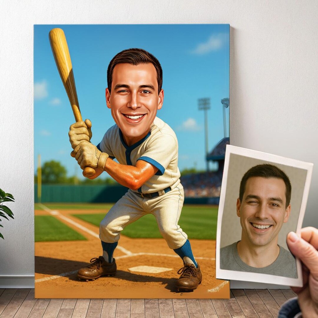 Custom Baseball Portrait - Caricature Cartoon Boy Batter With Photo ...