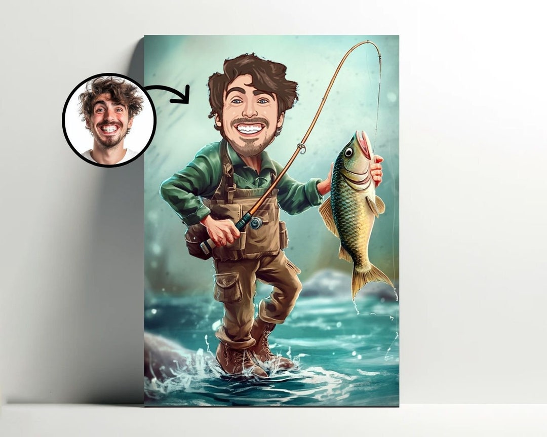 Personalized Fisherman Portrait Customizable Fishing Cartoon Poster ...