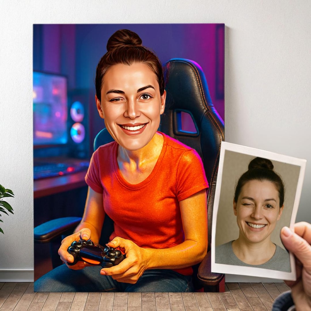 Custom Portrait Gamer Player - Cartoon Woman Caricature With Photo ...