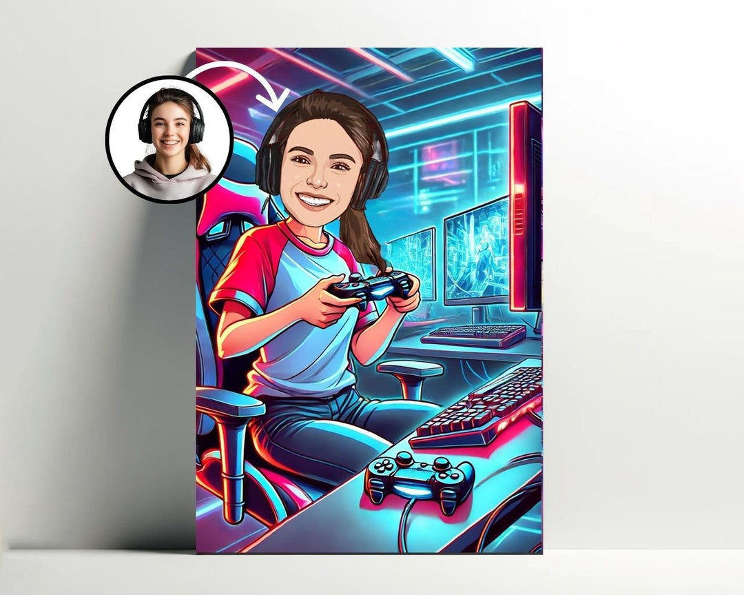 Custom Gamer Portrait Customizable Girl Gamer Cartoon Poster, Photo ...