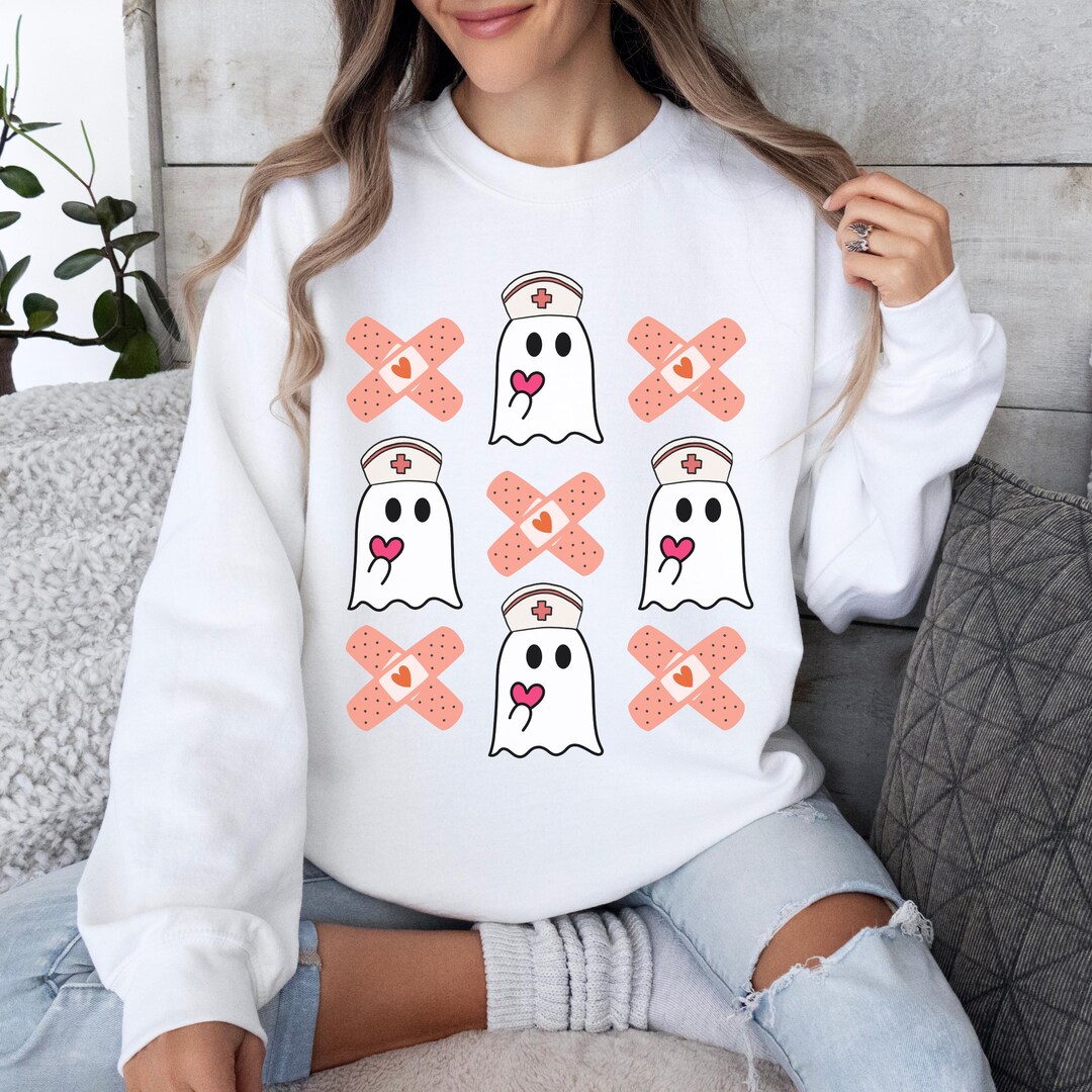 Nurse Ghost Halloween Sweatshirt, Cute Band-aid & Ghost Nurse Design ...