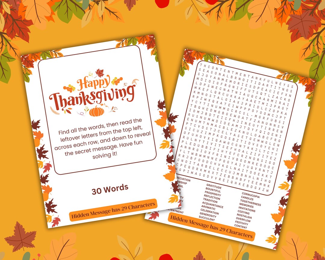 Happy Thanksgiving Word Search Puzzle With Hidden Message | 30 Words ...