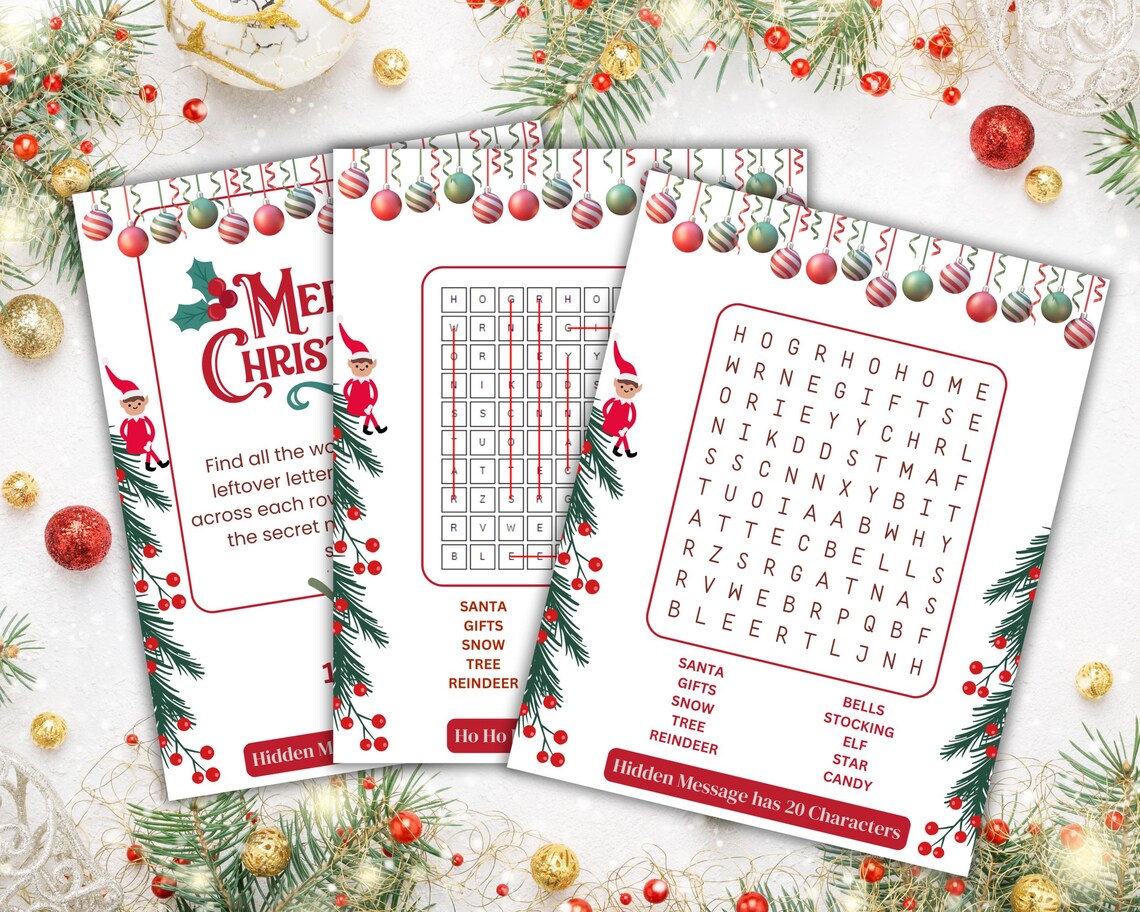 Christmas Word Search Puzzle With Hidden Message 10 Words Printable ...