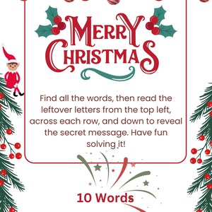 Christmas Word Search Puzzle With Hidden Message | 10 Words Printable ...