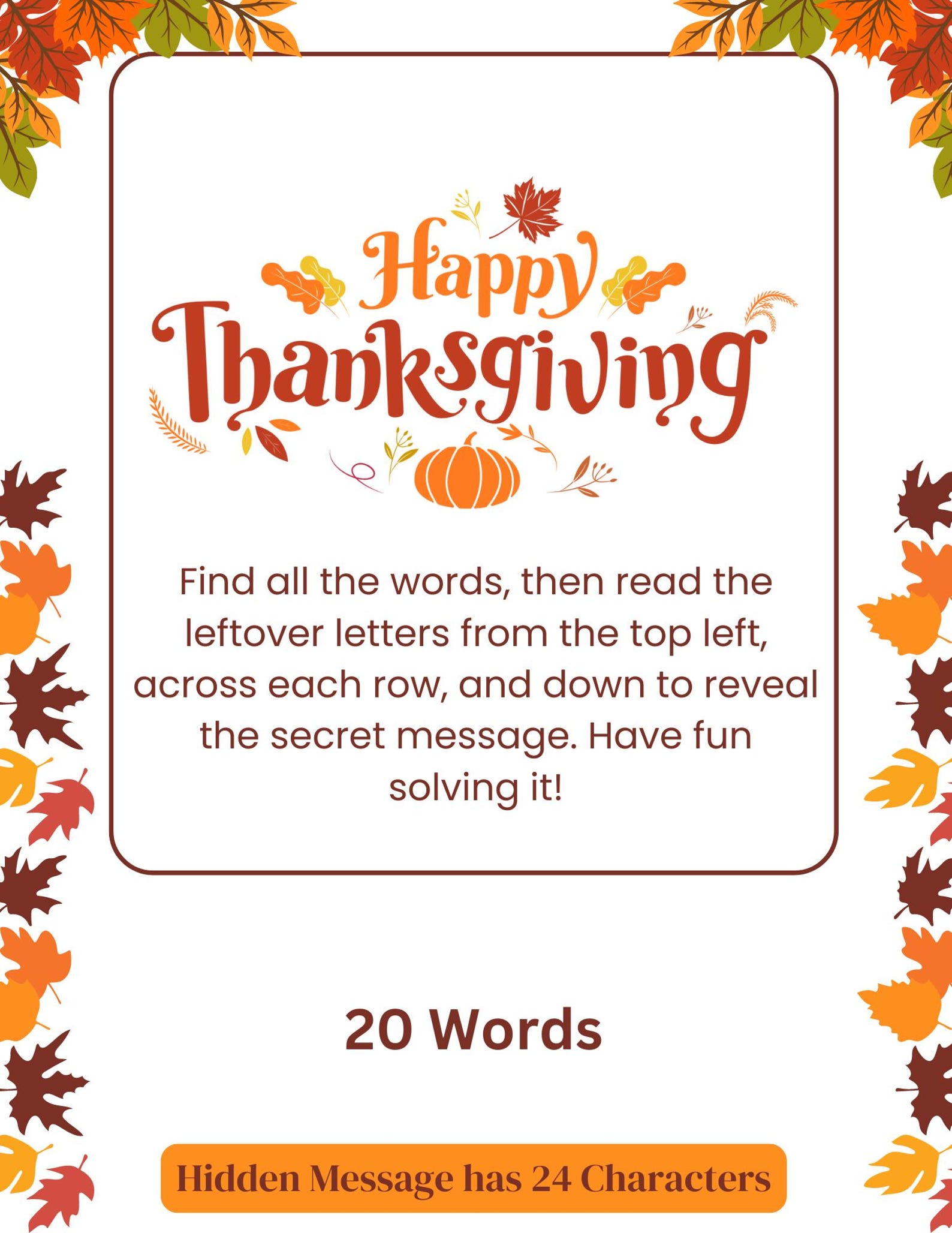 Happy Thanksgiving Word Search Puzzle With Hidden Message | 20 Words ...