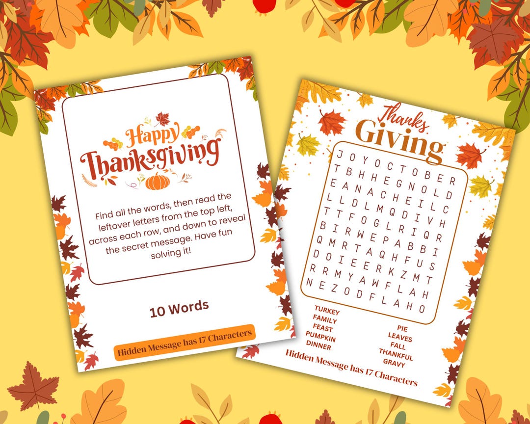 Happy Thanksgiving Word Search Puzzle With Hidden Message | 10 Words ...