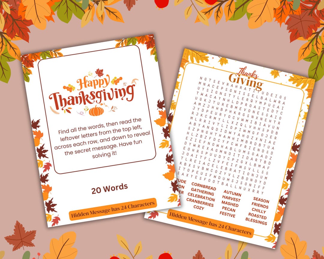 Happy Thanksgiving Word Search Puzzle With Hidden Message | 20 Words ...