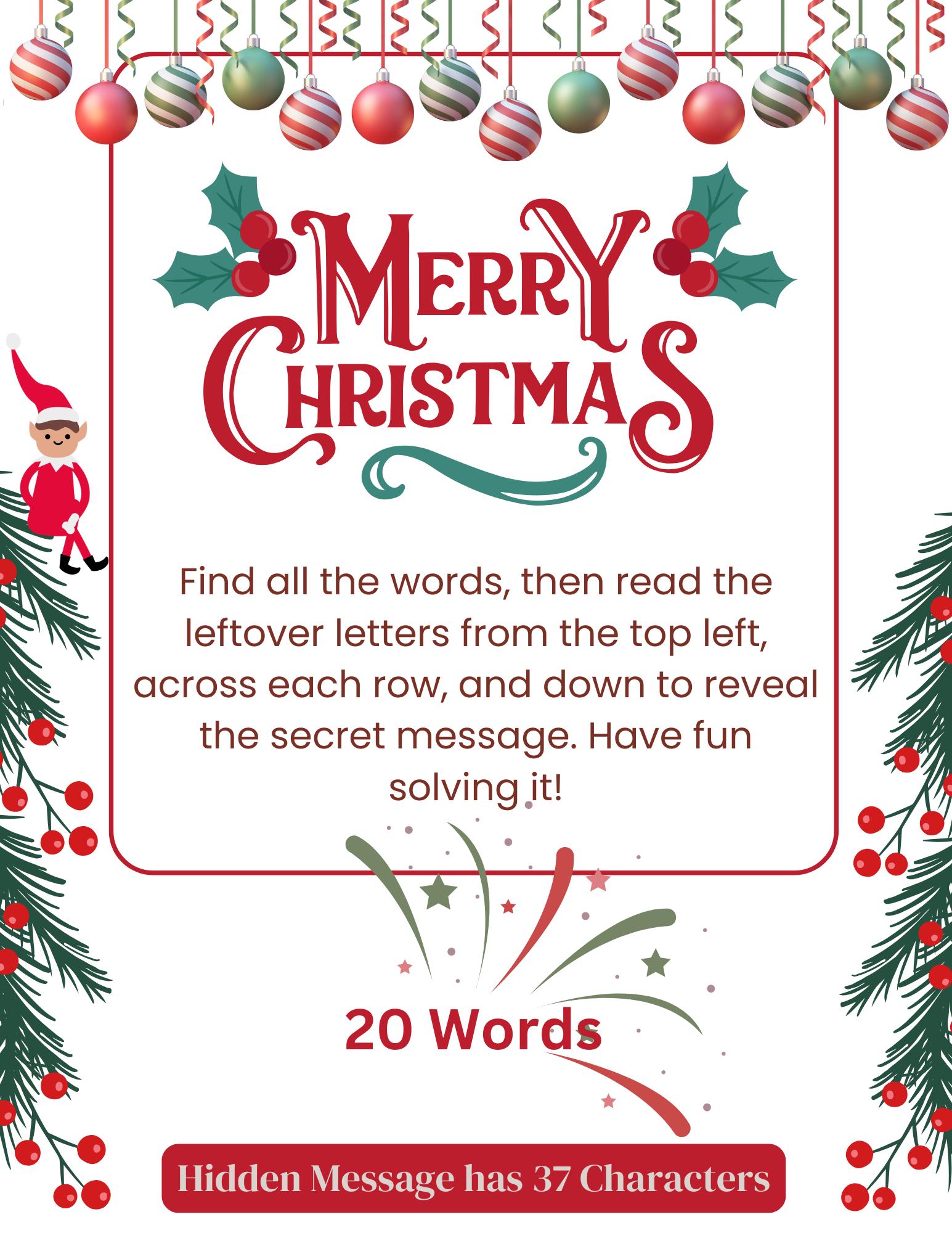 Christmas Word Search Puzzle With Hidden Message | 20 Words Printable ...