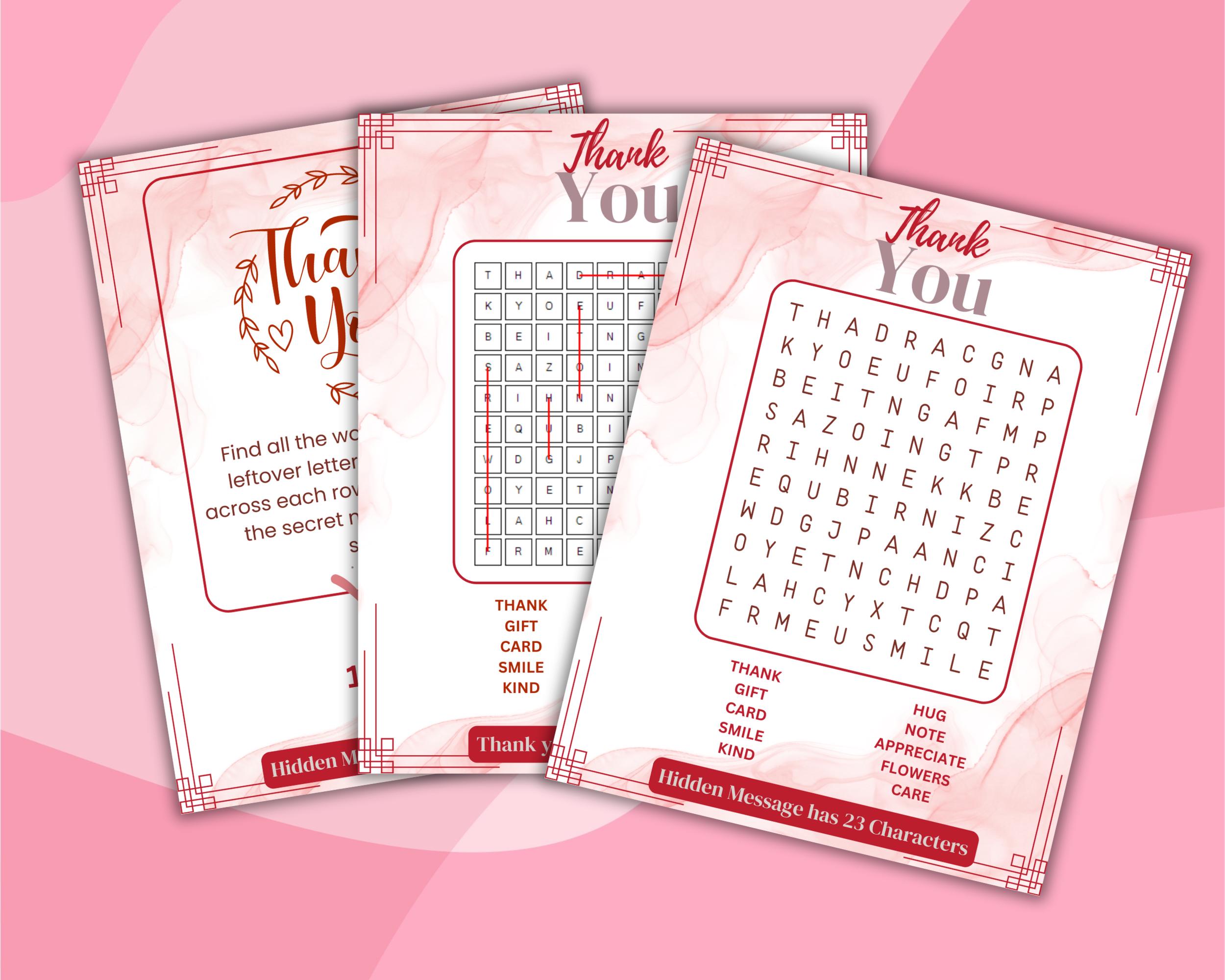 Thank You Word Search Puzzle With Hidden Message 10 Words Printable ...