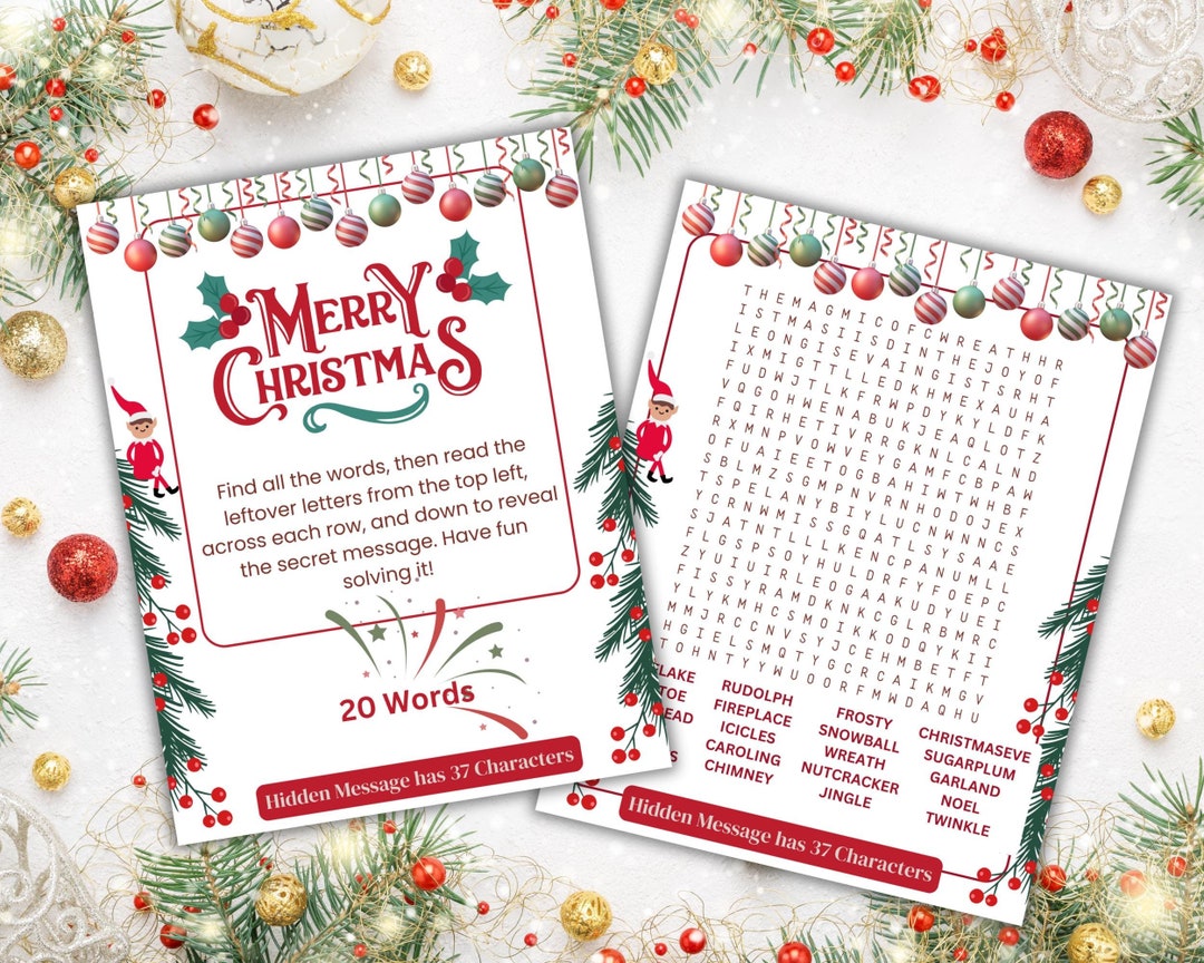 Christmas Word Search Puzzle With Hidden Message | 20 Words Printable ...