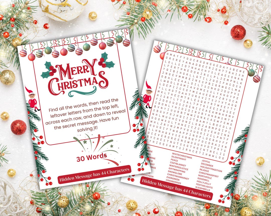 Christmas Word Search Puzzle With Hidden Message | 30 Words Printable ...