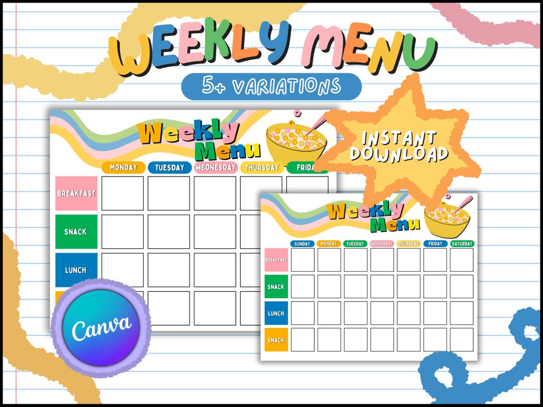 Daycare Weekly Menu, Printable, Meal Planner for Kids, Simple Meal ...