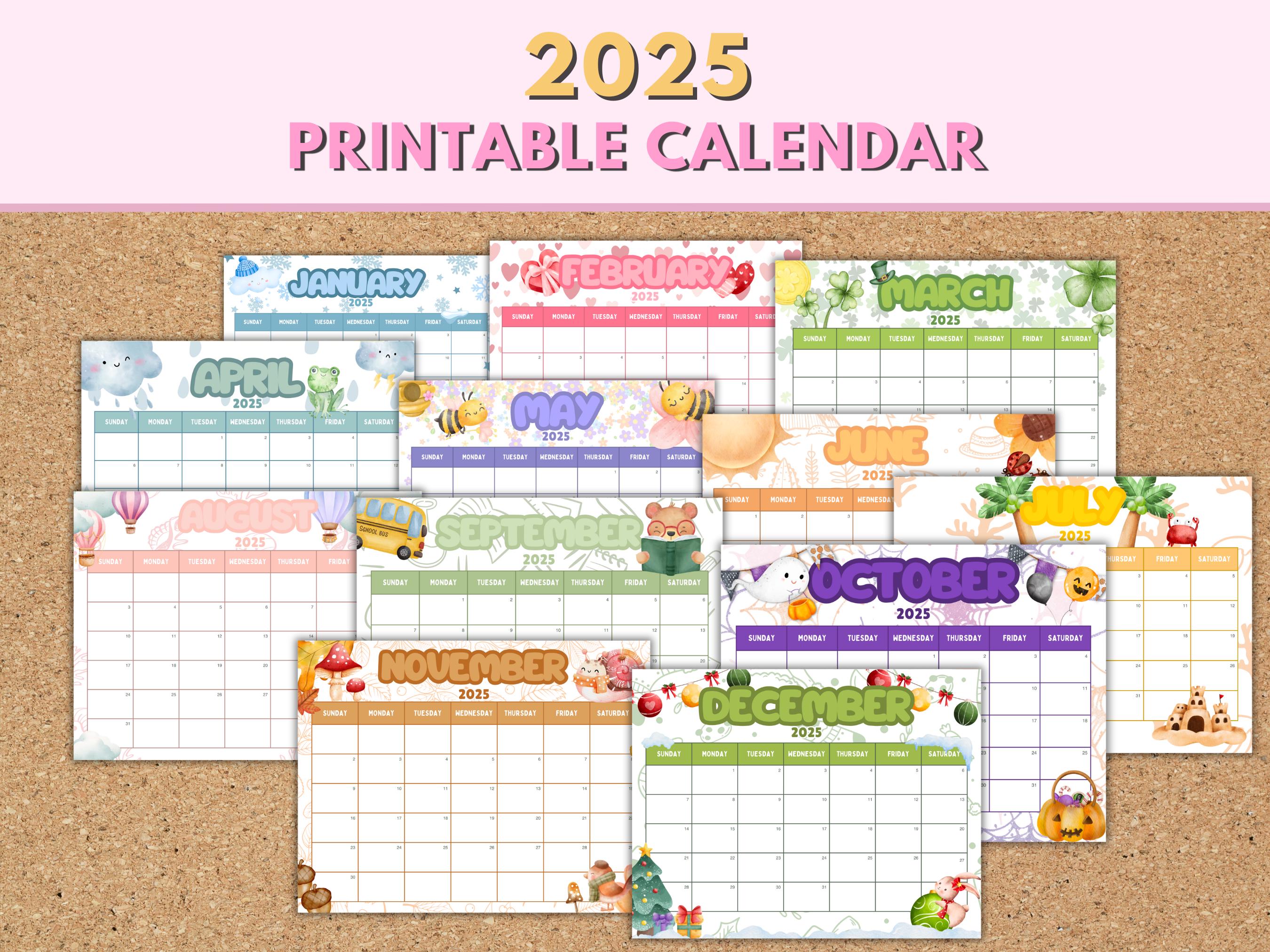 2025 Kids Calendar Printable Teacher Monthly Planner PDF Editable Wall ...