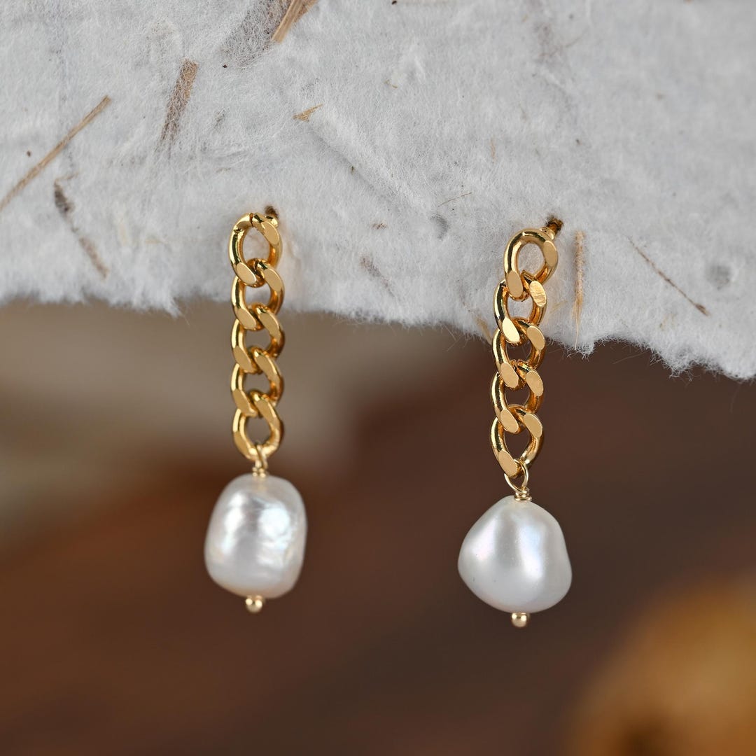 Gold Chain Pearl Drop Earrings, Chunky Chain Pearl Earrings, Baroque ...