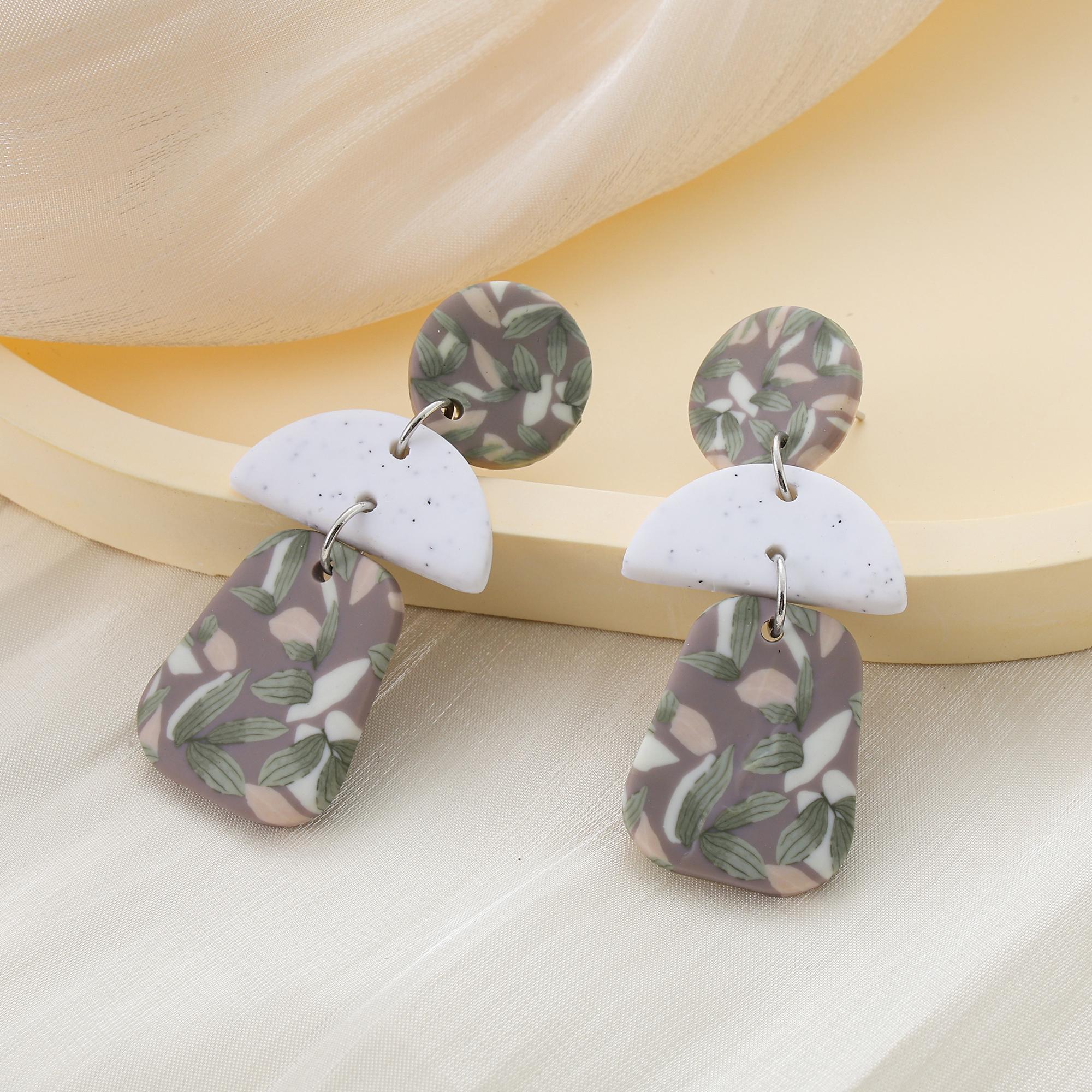 Grey Geometric Clay Earrings Grey Base Green Leaves Pattern ...