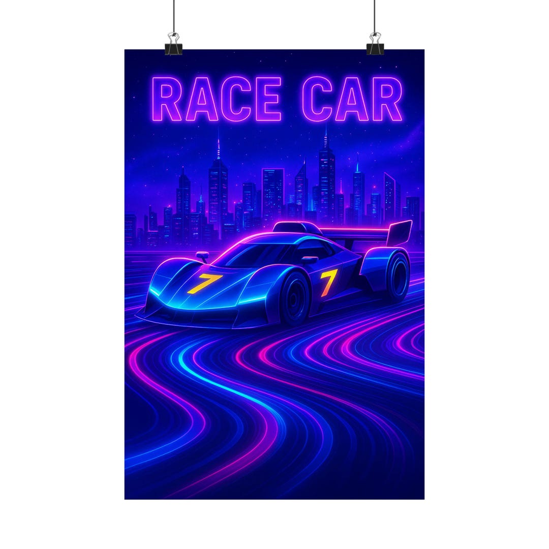 Neon Race Car Poster, Retro Wall Art, Car Lover Decoration, Kids Room ...