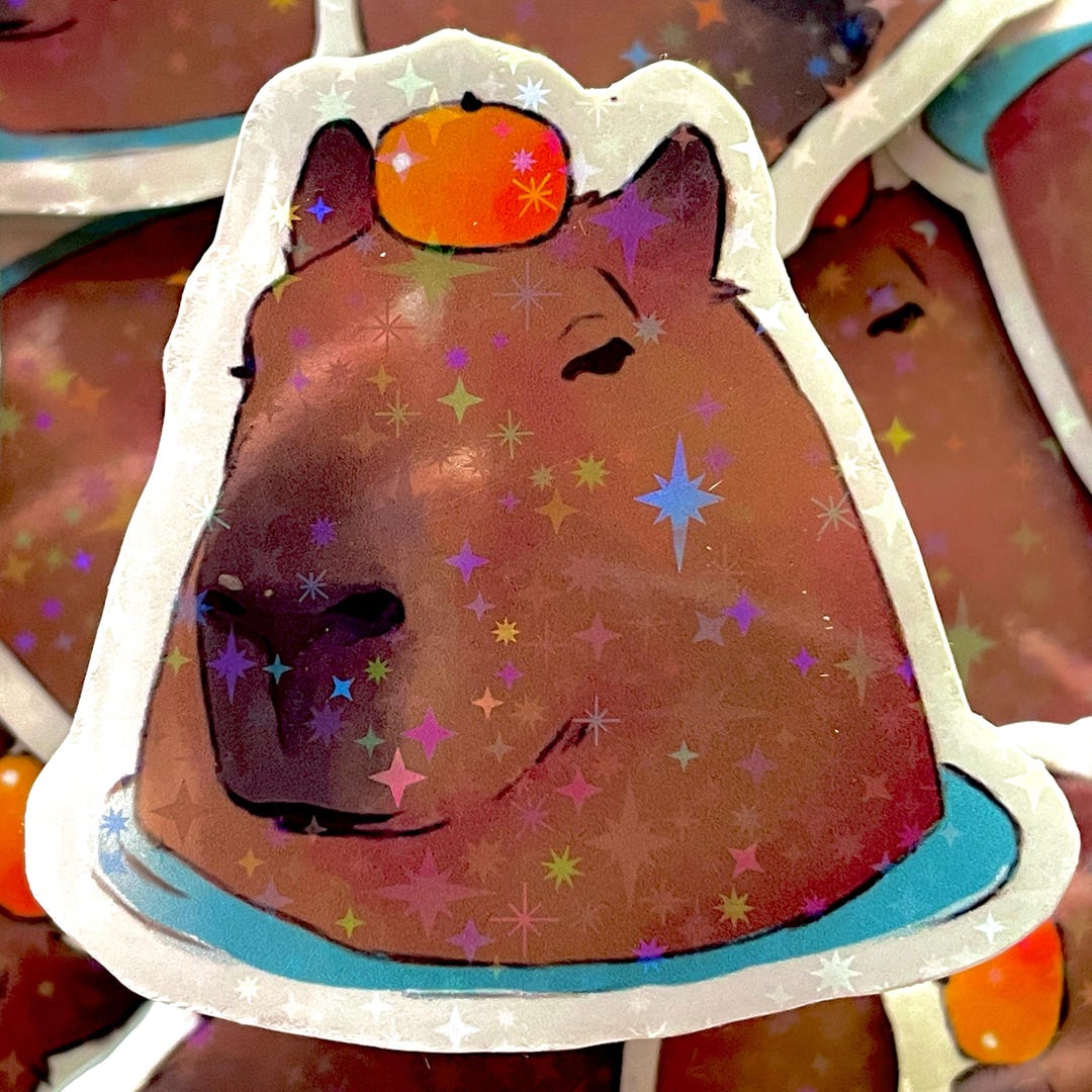 Capybara With Mandarin Orange on It's Head Holographic Sticker - Etsy