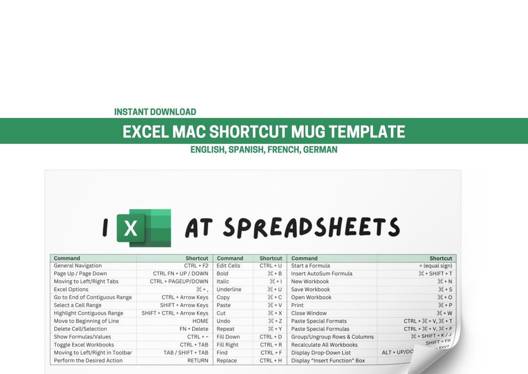 Excel Shortcuts Mug Template (available in Multiple Languages) - Etsy