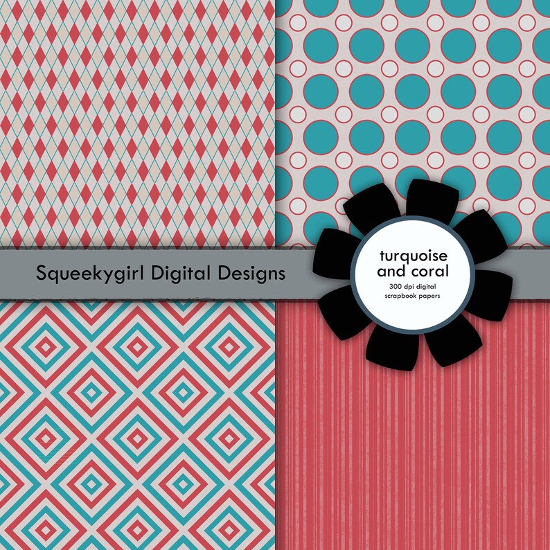 Turquoise and Coral Digital Paper - 8 Pack - 12 X 12 In - Etsy