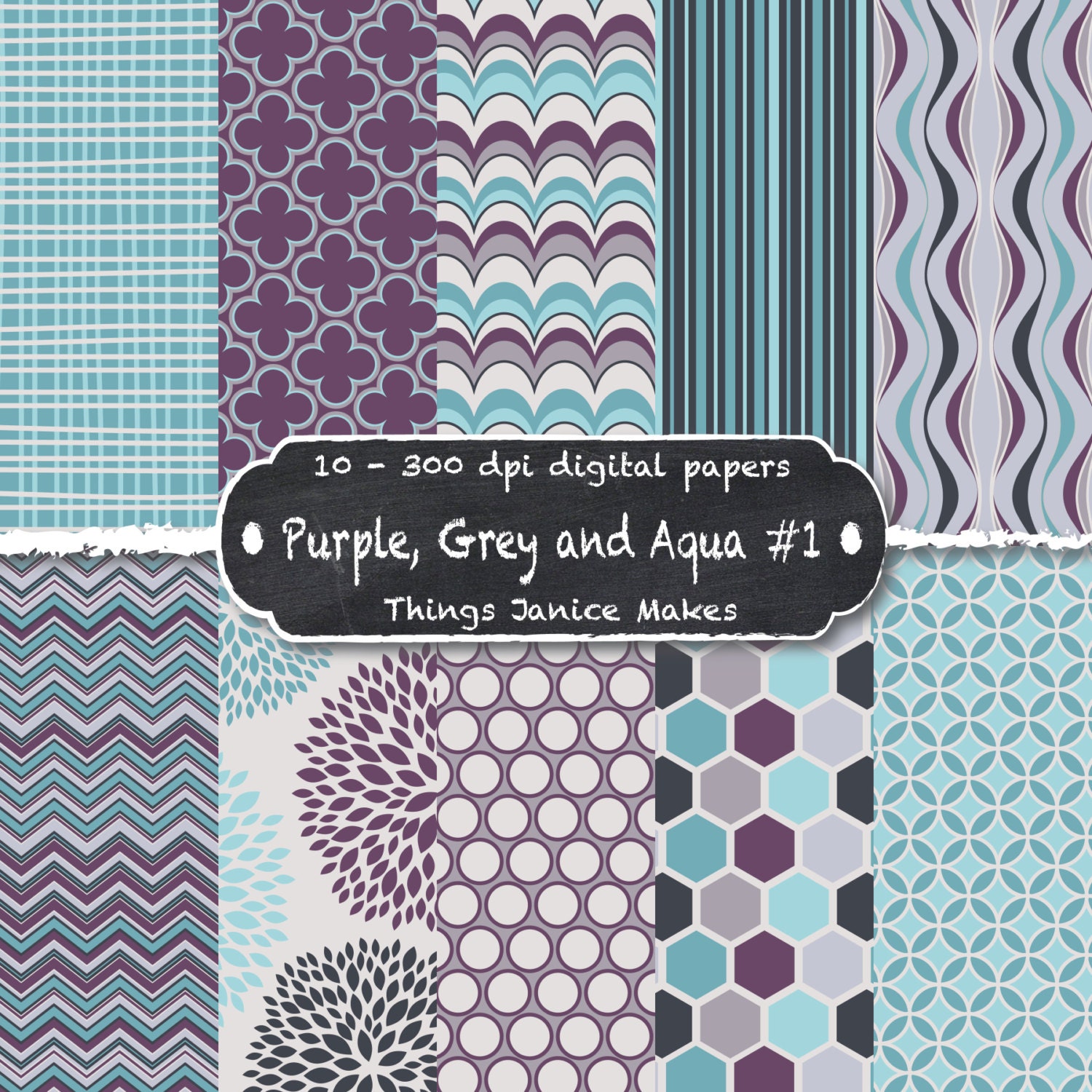Purple, Grey and Aqua Digital Paper - 10 Pack 12 X 12 Inches - Etsy