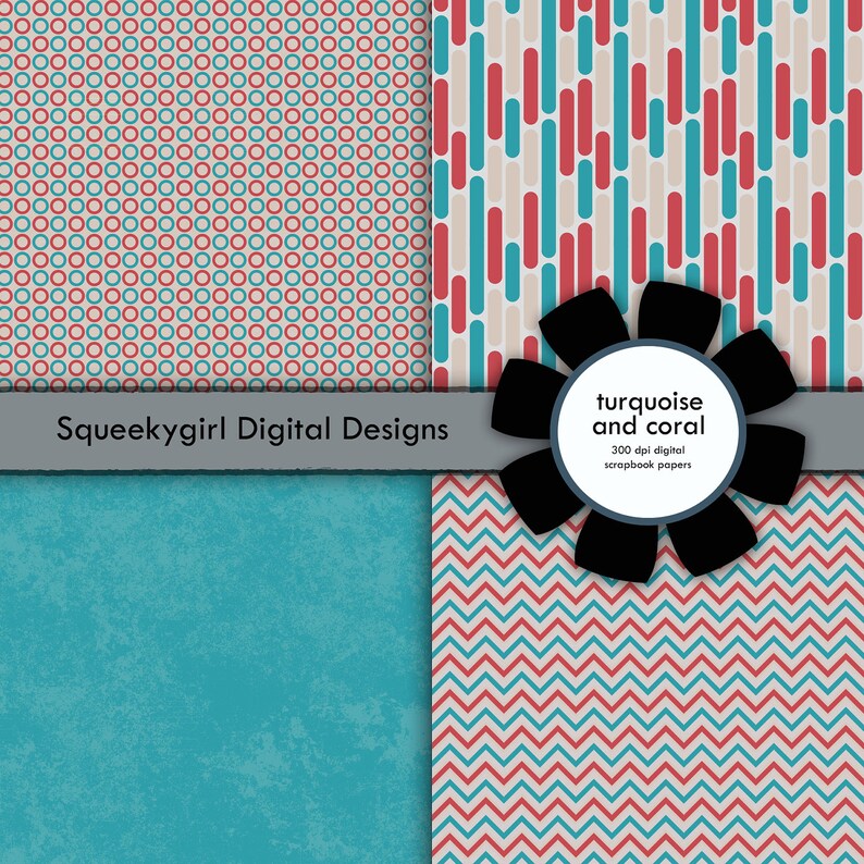 Turquoise and Coral Digital Paper - 8 Pack - 12 X 12 In - Etsy