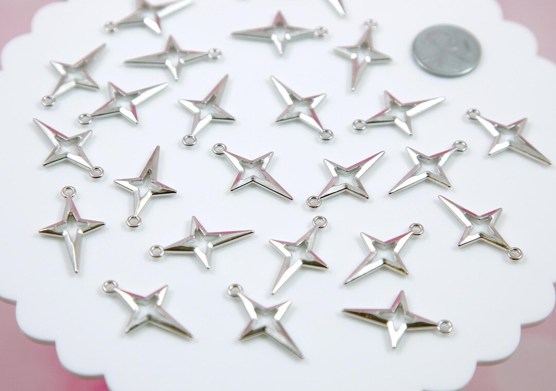 Four Pointed Star Charms - 20 Pieces - Silver Color - 27mm Shining ...