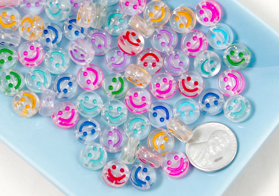 Happy Face Beads - 10mm Glitter Translucent Smile Shape Acrylic or ...