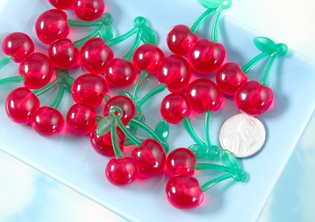 Cherry Charms - 32mm Cute Red Cherries Fake Fruit Charm Cherry Plastic ...
