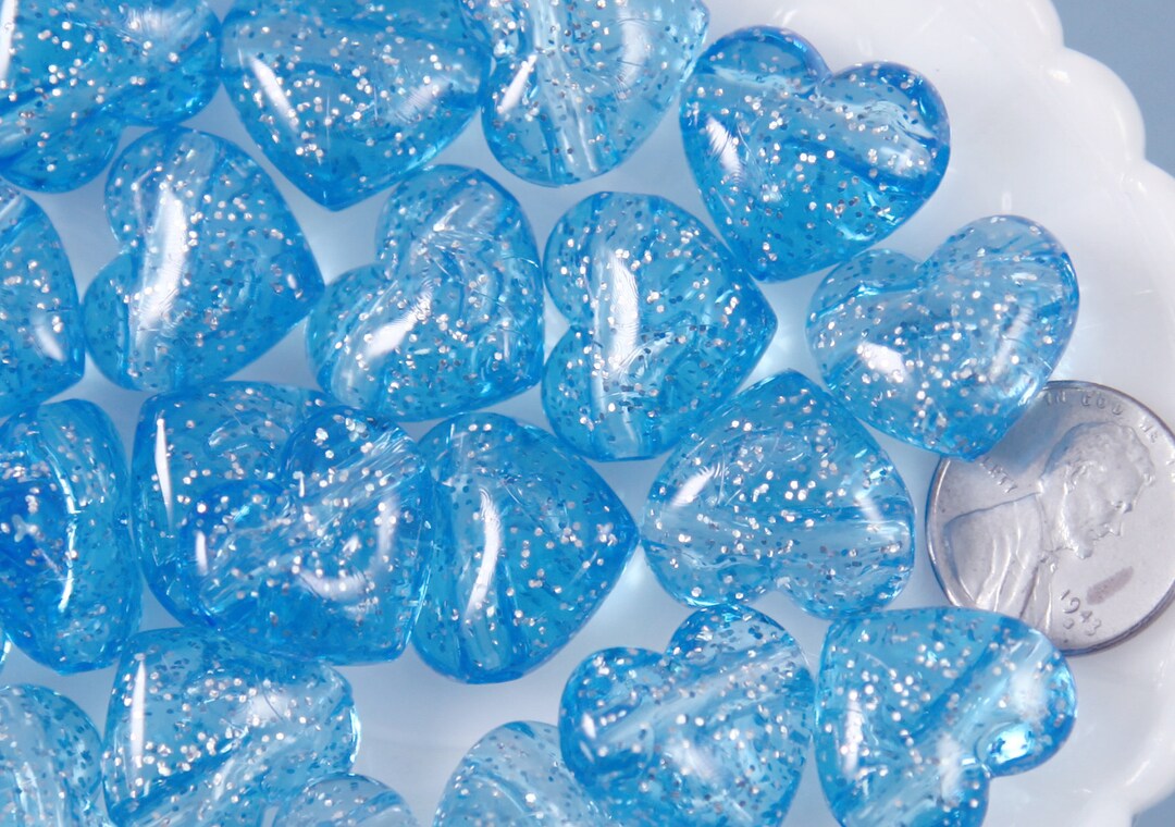 Blue Heart Beads - 18mm Blue Glitter Puffy Heart Acrylic or Resin Beads ...