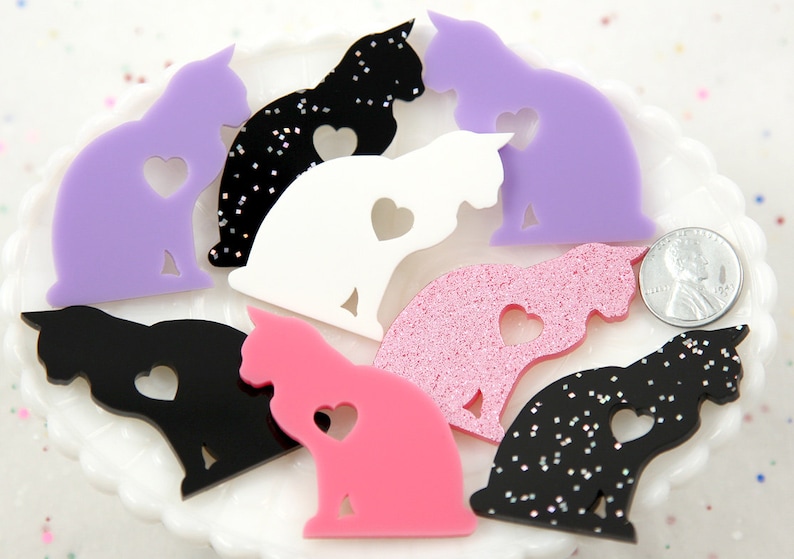 Cat Cabochons: 45mm Acrylic Kitty With Heart - Mixed Colors, 8 Pc Set ...