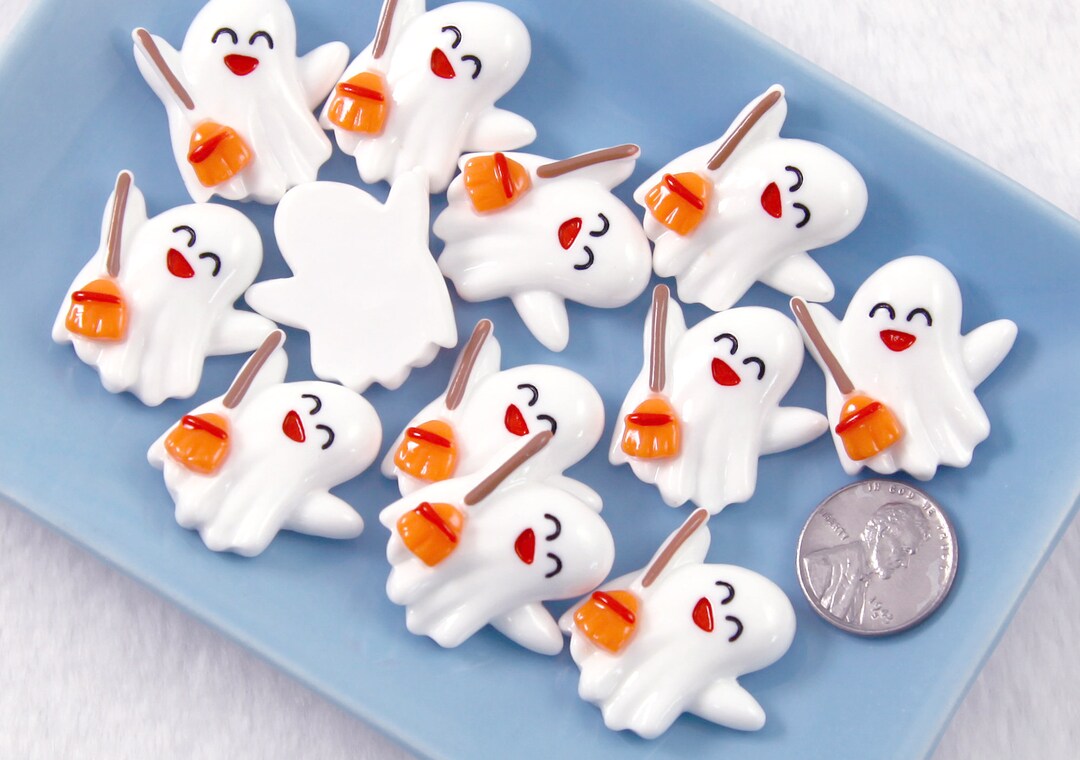 Cute Halloween Cabochon - Happy Ghost With Broom Acrylic or Resin Flat ...