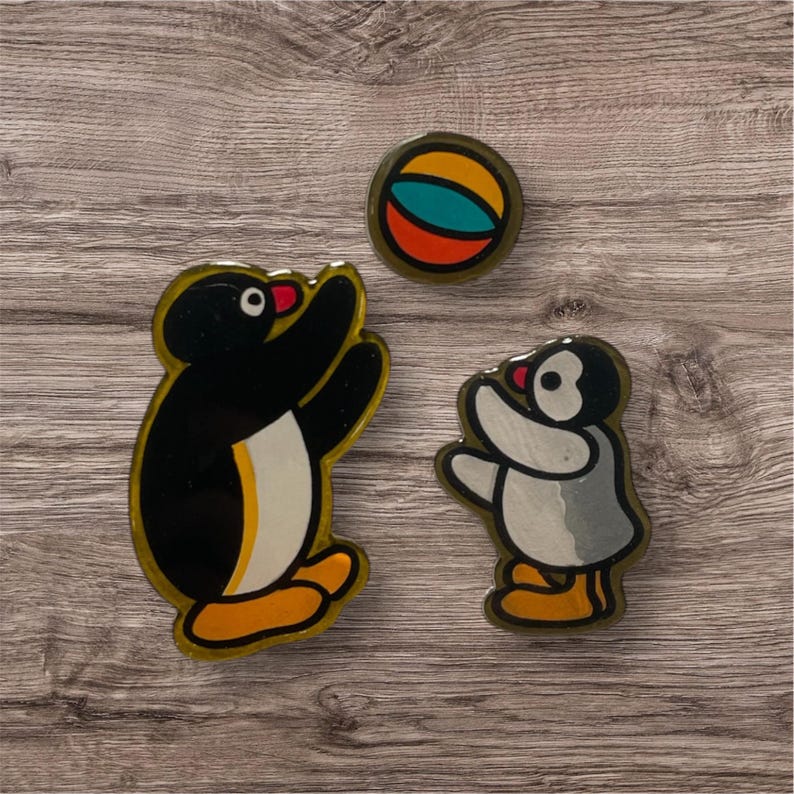 Handmade Pingu Cartoon Character Pin Set Playing Ball Cute and Fun ...
