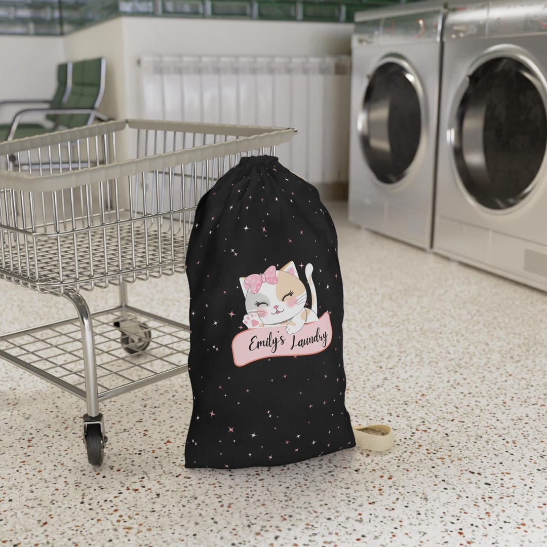 Customized Laundry Bag With Strap, Cute Cat With Costume Name Laundry ...