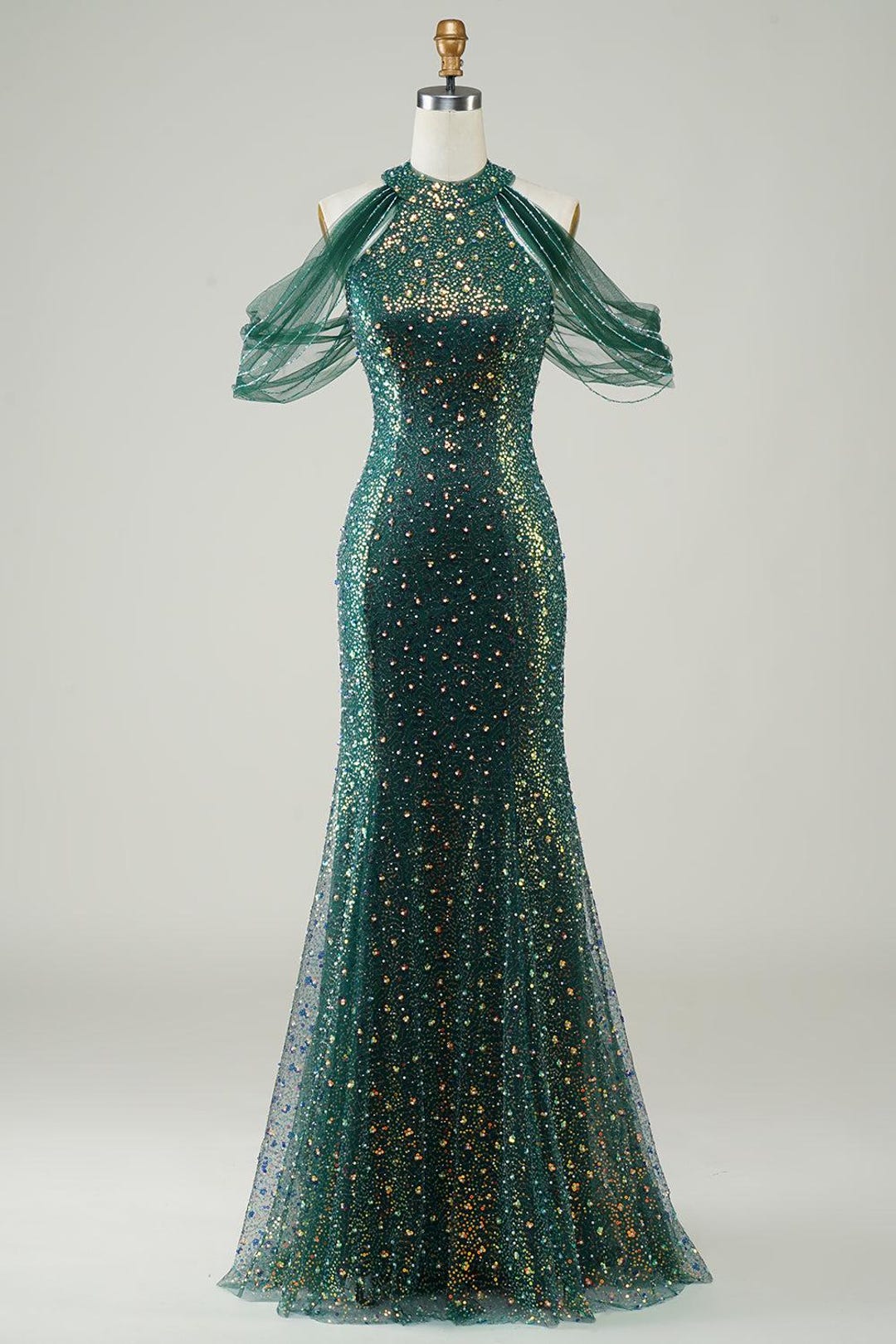 Green Sequined Mermaid Off-the-shoulder Evening Dress for Ball, Wedding ...