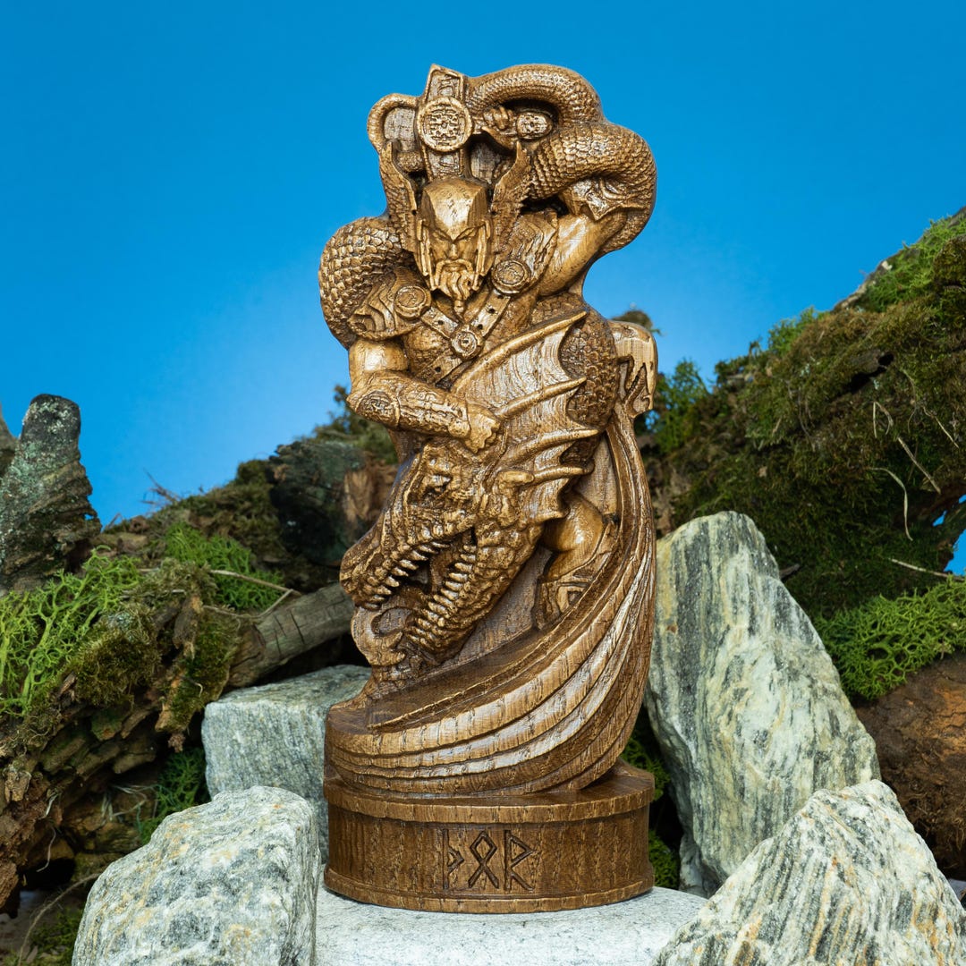 Thor Norse God Statue, Hand-carved Figurine, Jormungandr Serpent Idol ...