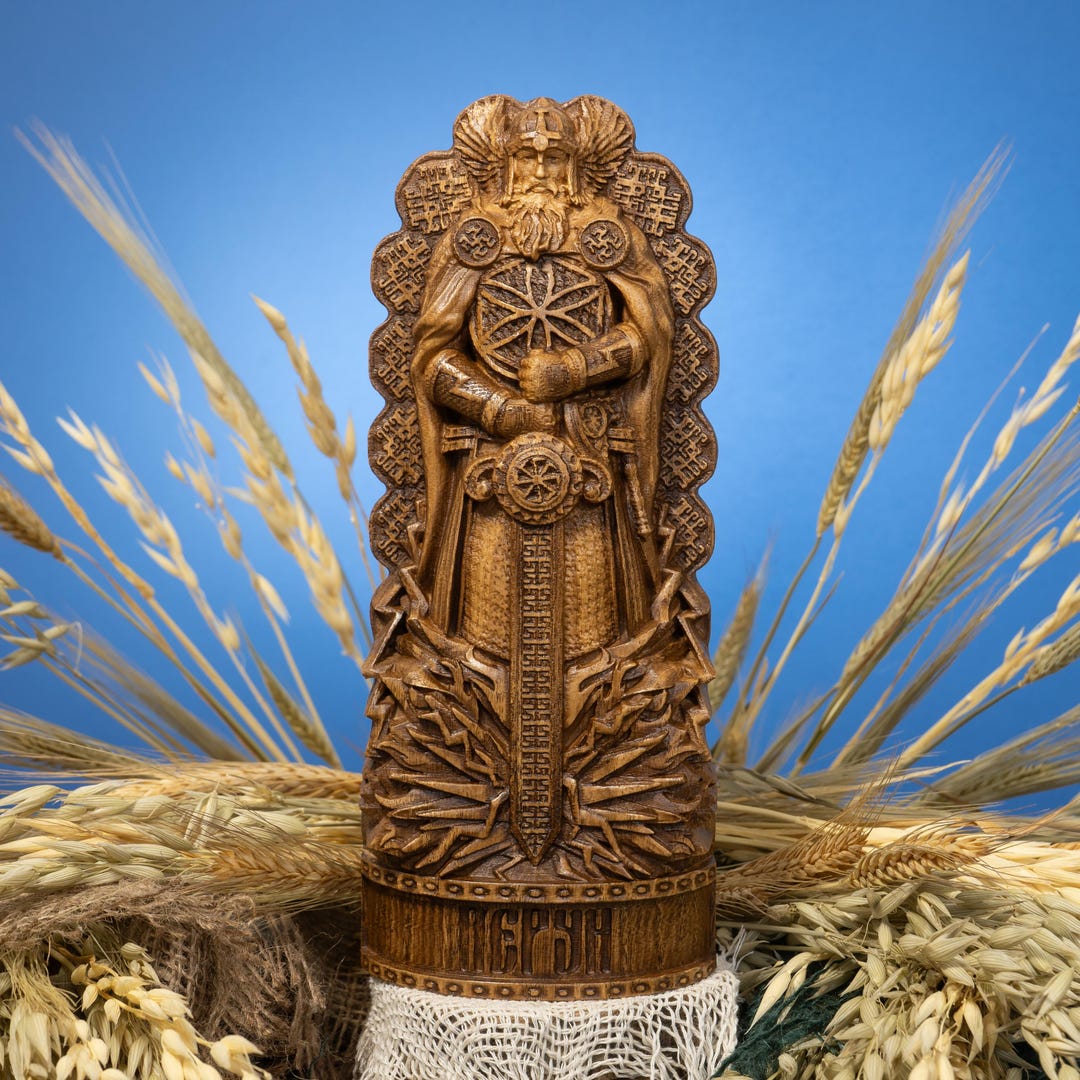 Perun Slavic God Statue, Hand-carved Oak Wooden Figurine, Thunder War ...