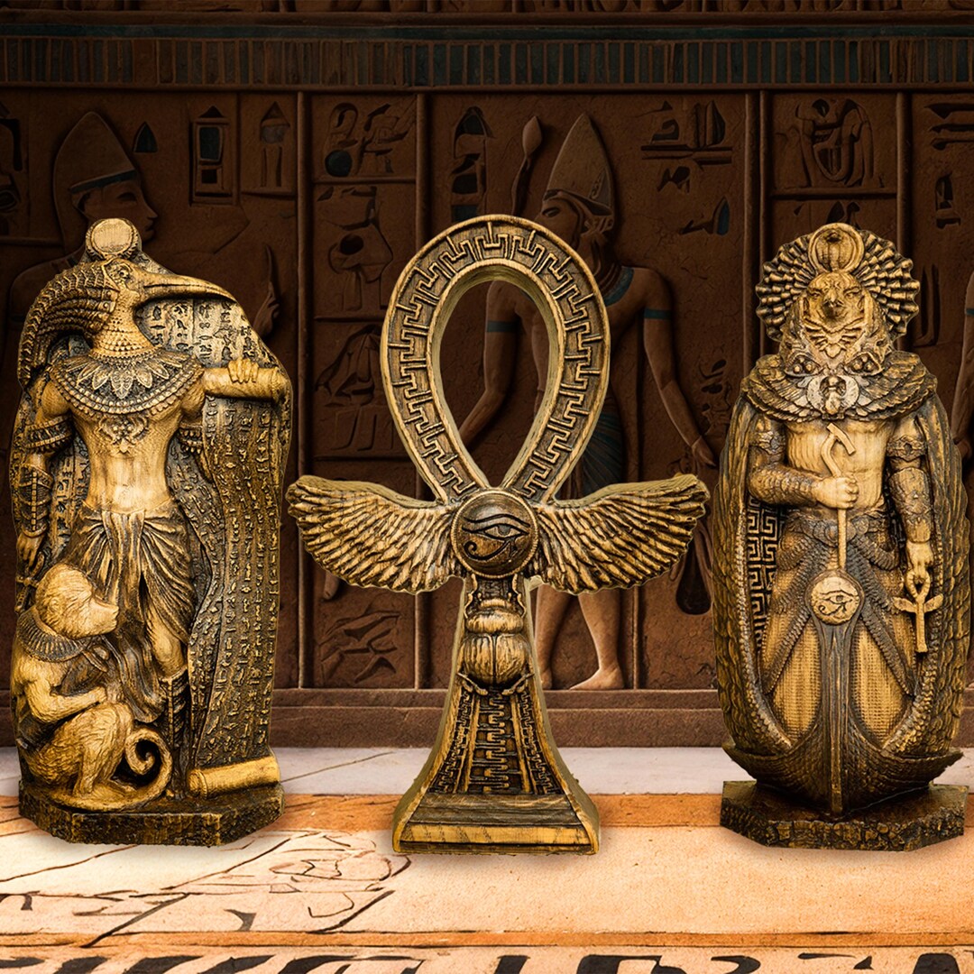 Ankh Thoth Horus Statue Set, Oak Wooden Figures, Egyptian Gods ...