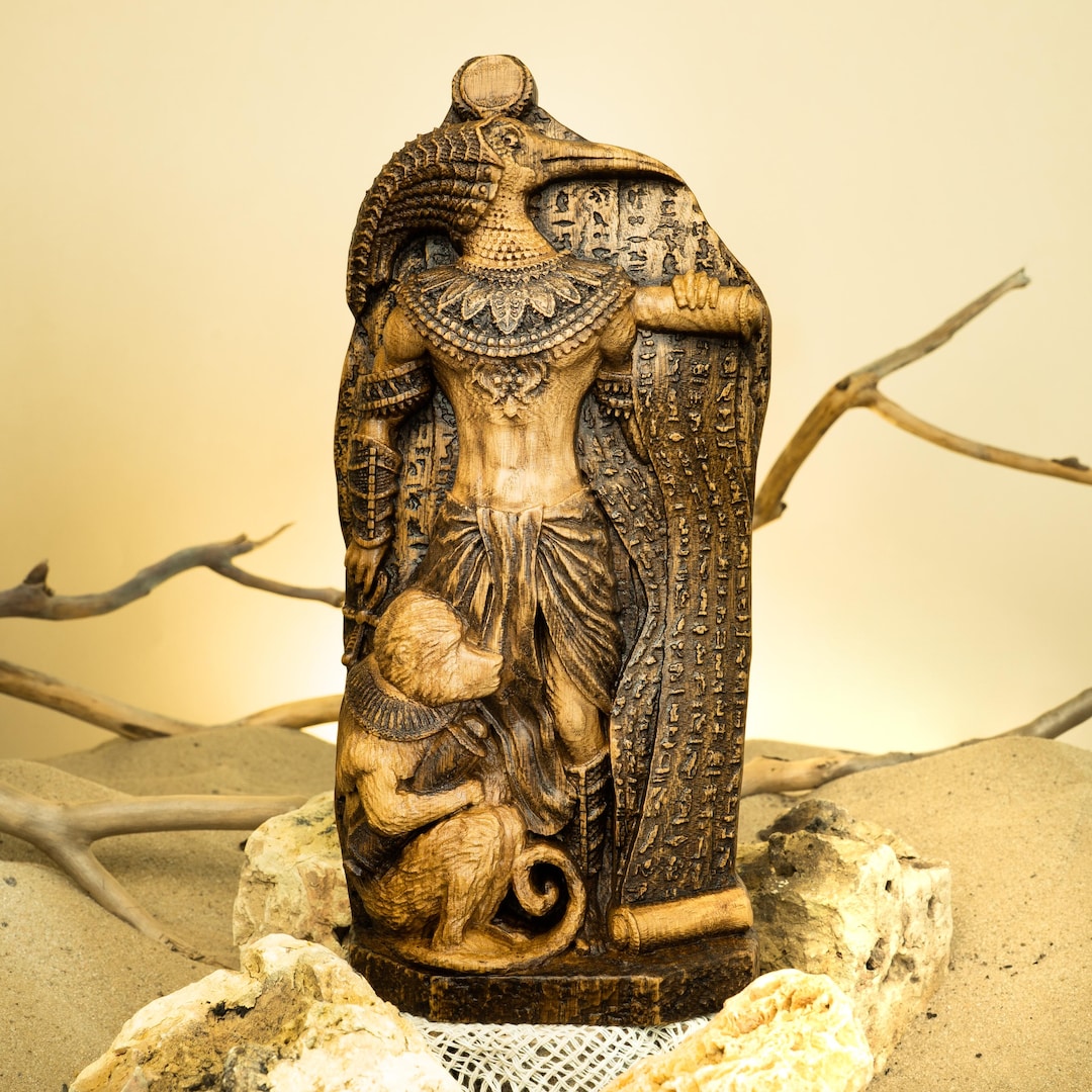 Egyptian God Thoth Statue Hand Carved Oak Wood Wisdom Magic Writing ...