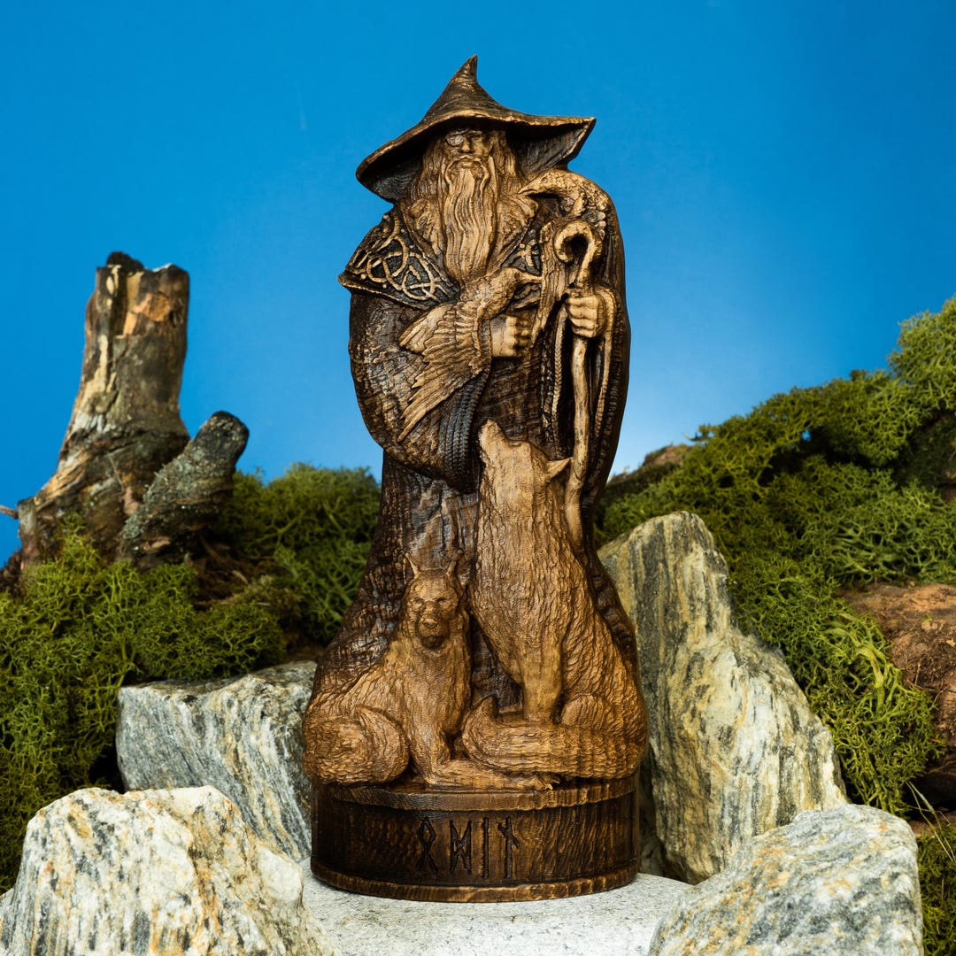 Odin Wooden Statue Ravens Hugin Munin Wolves Geri Freki Norse Allfather ...