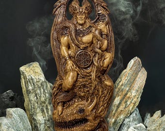 Asmodeus Demon Statue – Occult Wooden Figurine, Handcarved Altar Idol ...