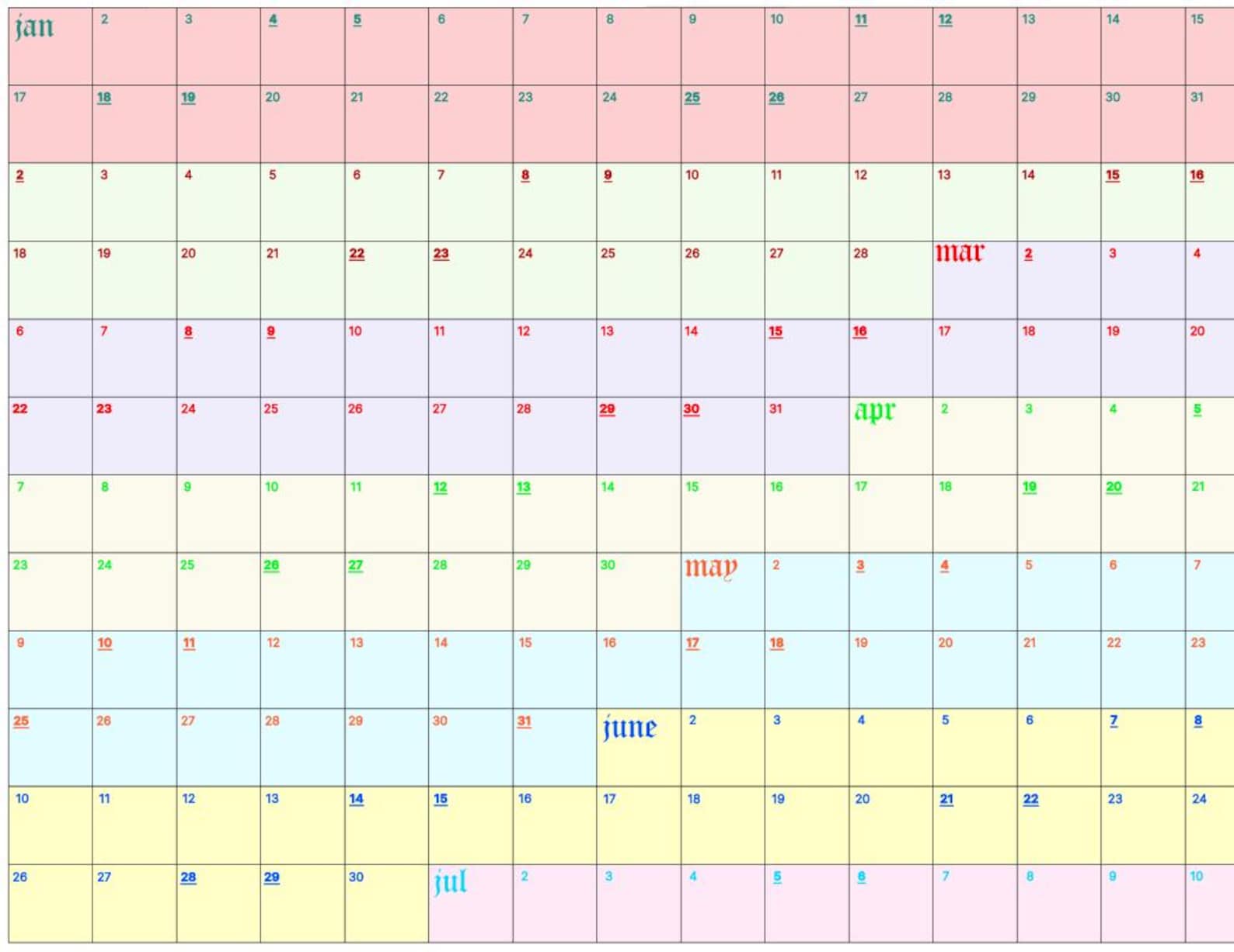 2025 Annual Calendar Sequential Days Printable, Large, Everyday Side by ...