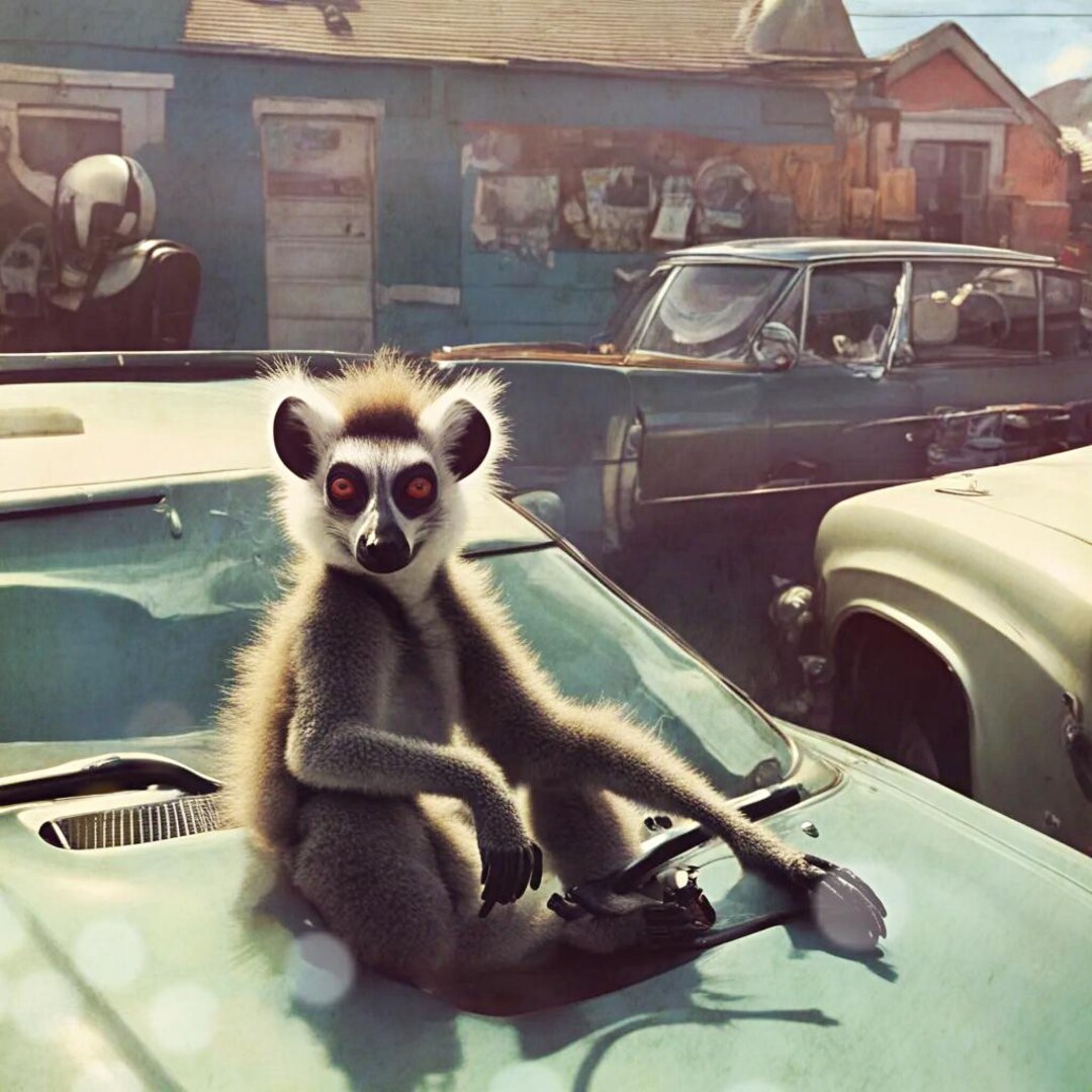 Punk Lemur on a Car Hood, Retro Style. Digital Art. 16x16, 300DPI ...