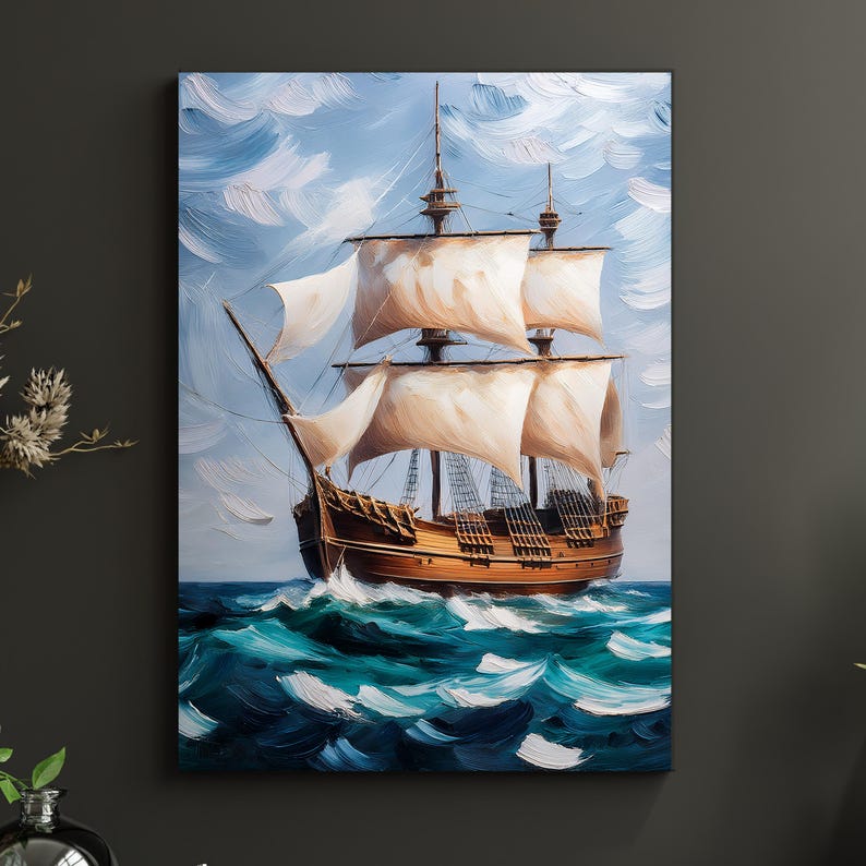Sailing Ship Wall Art Printable, Nautical Ocean Painting (digital ...