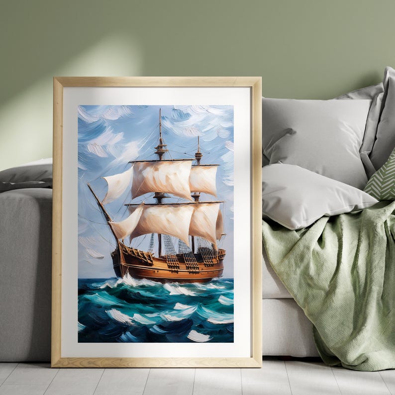 Sailing Ship Wall Art Printable, Nautical Ocean Painting (digital ...