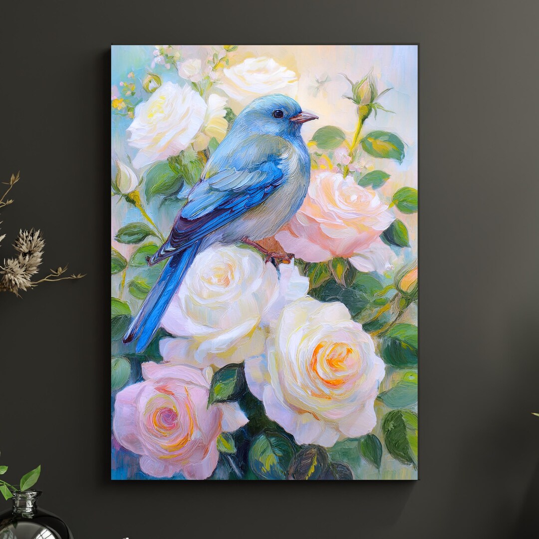 Blue Bird Wall Art Printable, Floral Bird Painting (digital Download ...