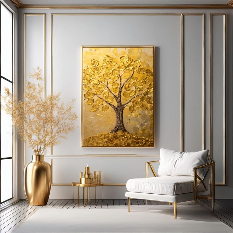 Olieverfschilderij gouden boom: abstracte muurkunst met textuur ...
