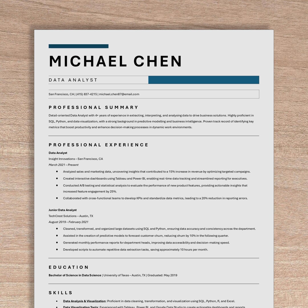 Ats-friendly Data Analyst Resume Template - 2 Page, Editable Minimalist ...