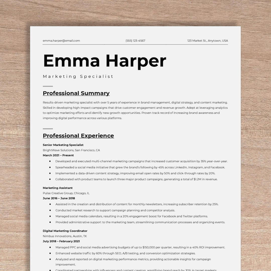 Marketing Resume Template | Professional & Minimalist | Ats-compatible ...