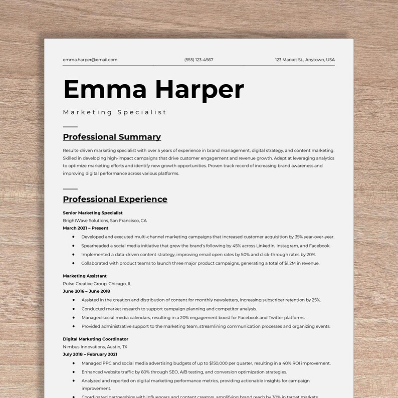 Marketing Resume Template | Professional & Minimalist | Ats-compatible ...